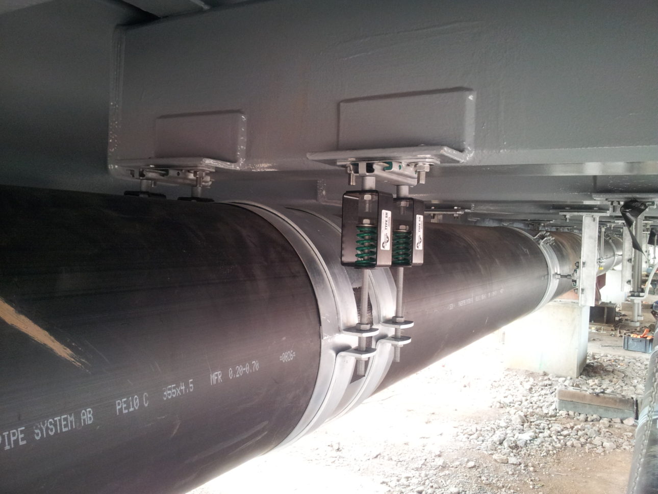 Heavy Duty Pipe Supports - Complex Installation Under a Bridge